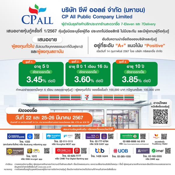 CPALL เคาะดอกเบี้ยหุ้นกู้ที่ 3.45-3.85% ต่อปี