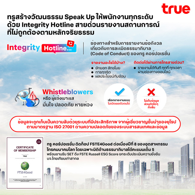 ทรู คอร์ปอเรชั่น ติดท็อป FSTE4Good ต่อเนื่องปีที่ 8 ขานรับ SET ดึง FSTE Russell ESG Score ...